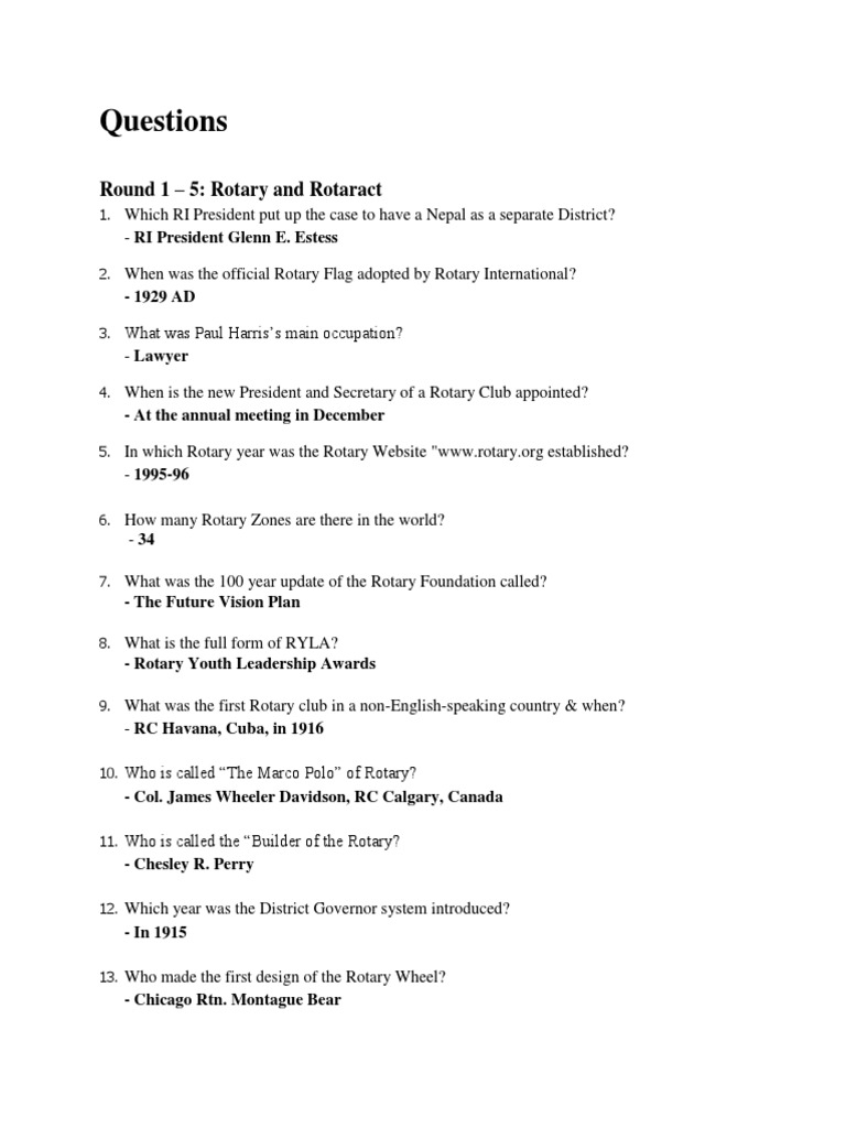 Rotary and Rotaract Quiz Questions | PDF | Clubs And Societies | Non ...