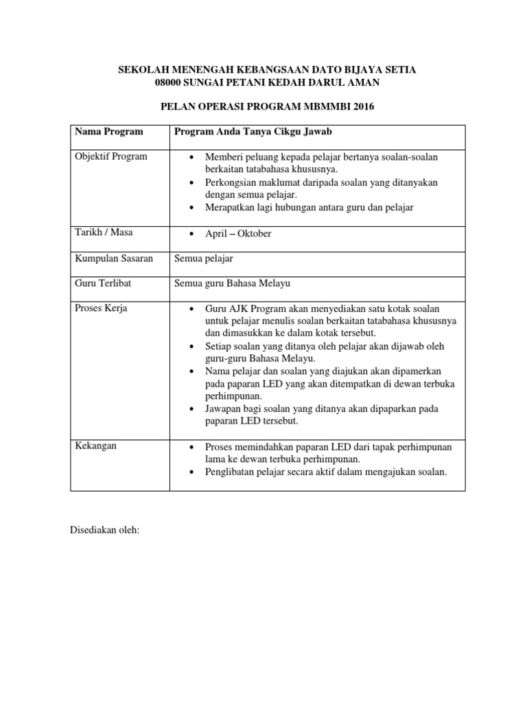 Contoh Pelan Operasi Program Mbmmbi | PDF