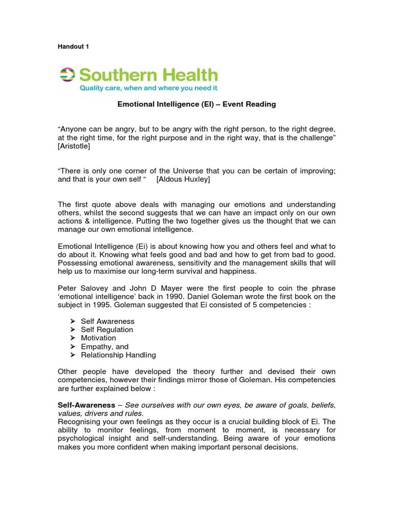 Emotional Intelligence Handout | PDF | Self Awareness | Empathy