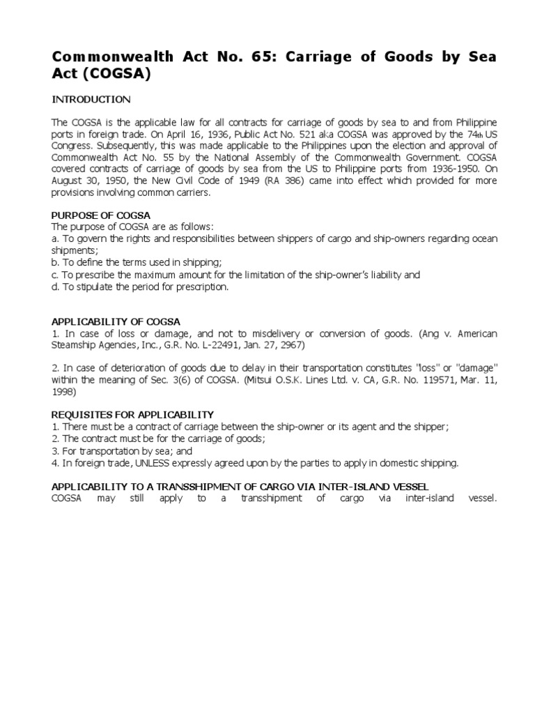 COGSA | PDF | Cargo | Common Carrier