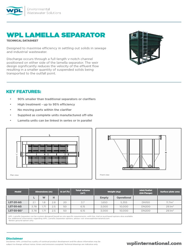 WPL Lamella Separator Technical Datasheet | PDF | Environmental Issues With Water | Hydrology