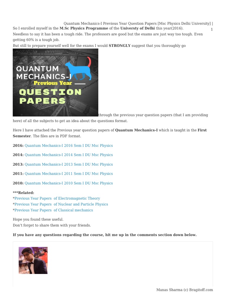 Quantum Mechanics-I Previous Year Question Papers (MSC Physics Delhi ...