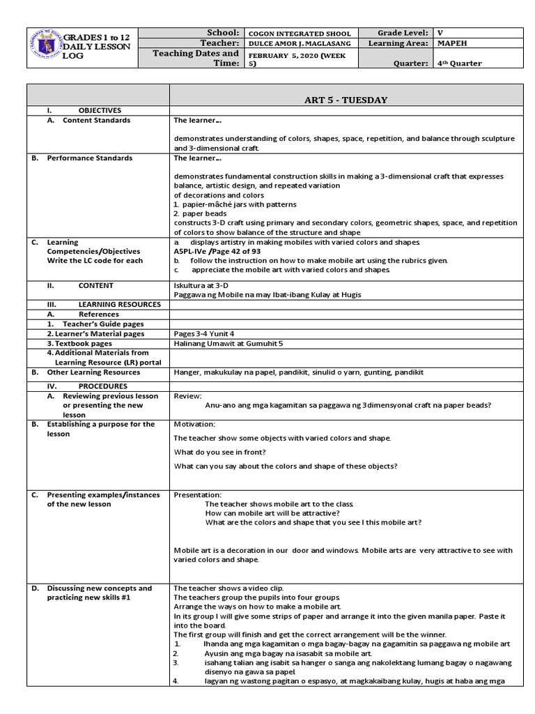Grade 5 Art | PDF | Behavior Modification | Cognition