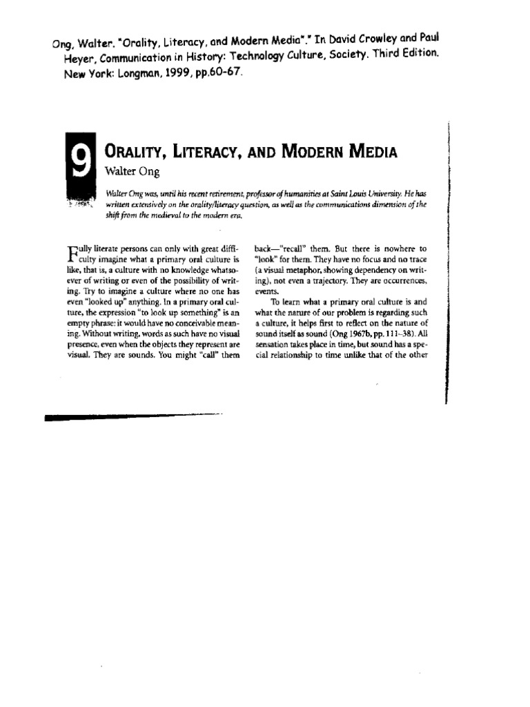 Ong Orality Literacy Modern Media PDF | PDF | Oral Tradition | Perception
