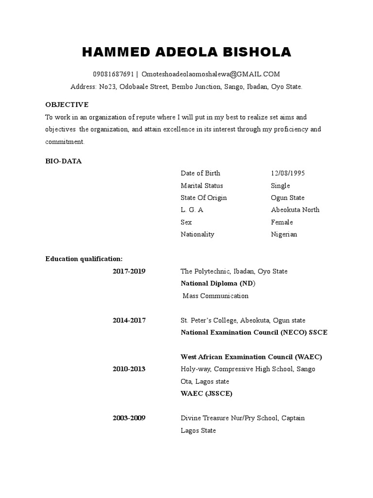 Adeola CV | PDF | Behavior Modification | Communication