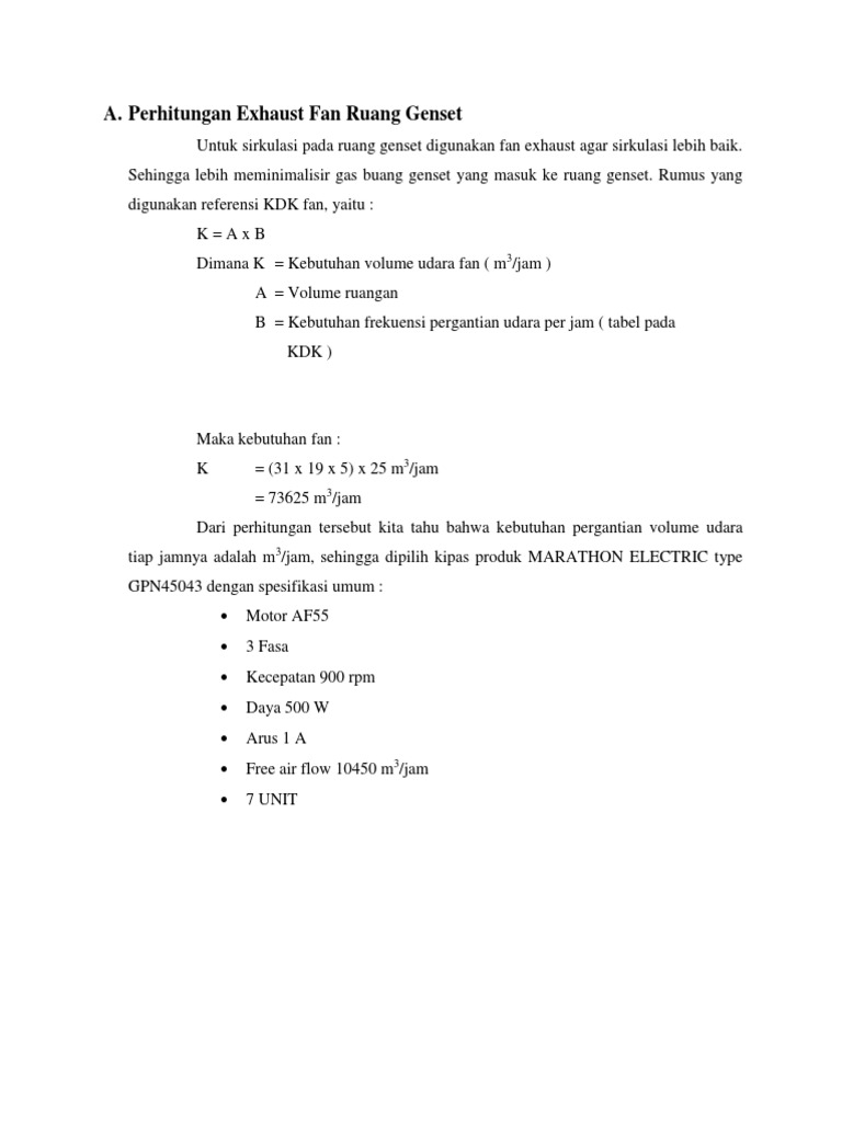 A. Perhitungan Exhaust Fan Ruang Genset | PDF