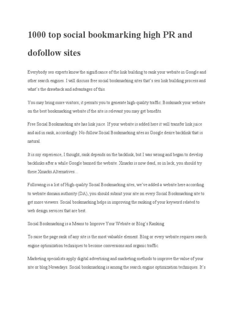 1000 Top Social Bookmarking High PR and Dofollow Sites | PDF | Search ...