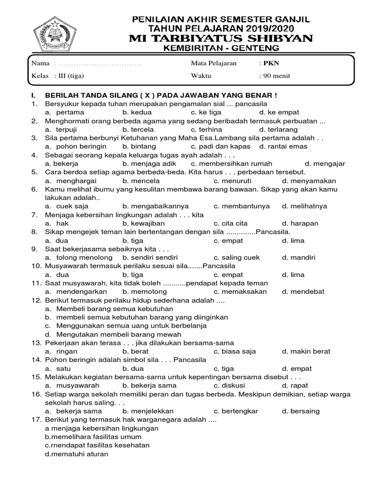 Soal PKN Kelas 3 Semester 1 | PDF