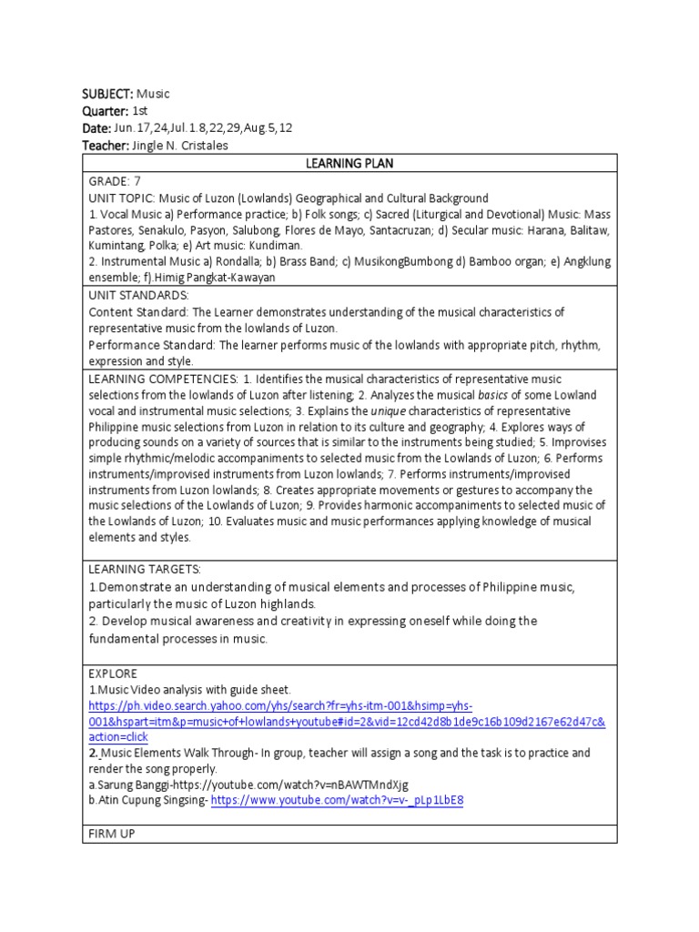 1st Q-G7 Music EFDT Learning Plan | PDF | Rhythm | Entertainment