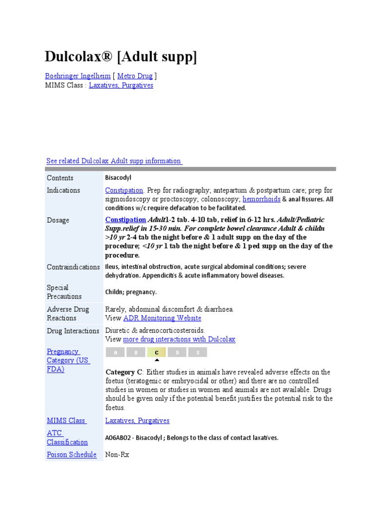 Dulcolax® (Adult Supp) : Constipation | PDF | Medicine | Drugs