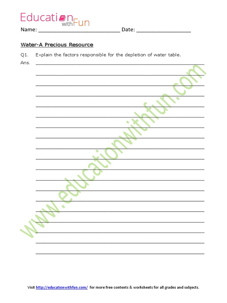Water-A Precious Resource Worksheet 9 PDF | PDF | Resource Depletion ...