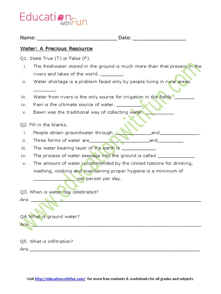 Water-A Precious Resource Worksheet 1 PDF | PDF | Water Scarcity ...