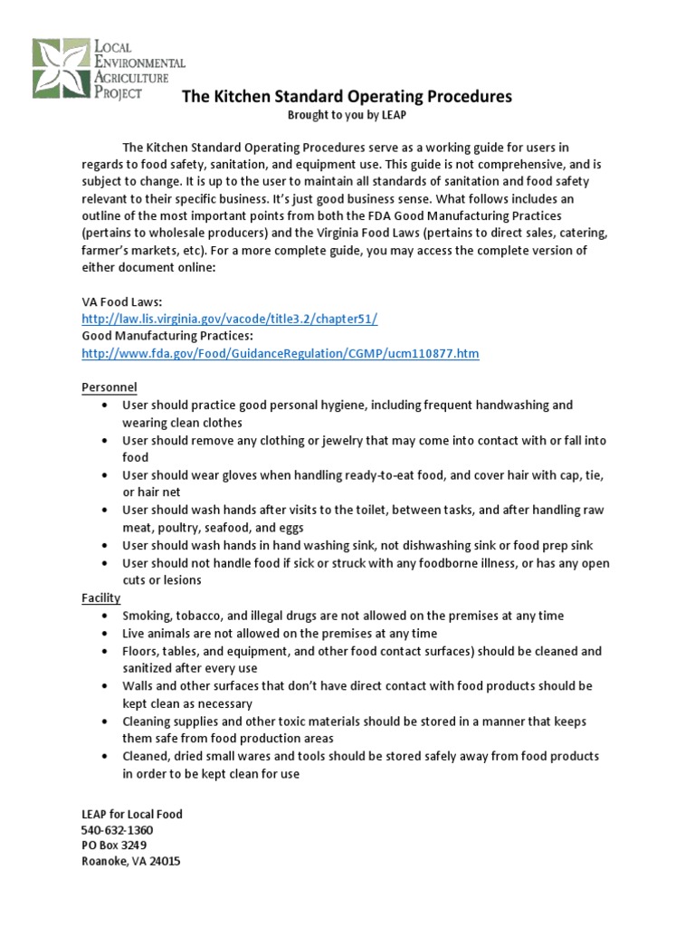 Kitchen SOPs FINAL | PDF | Food Safety | Foods