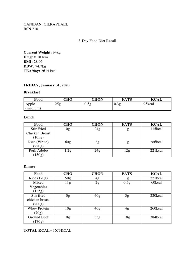 3day Diet Recall | Download Free PDF | Lunch | Meal