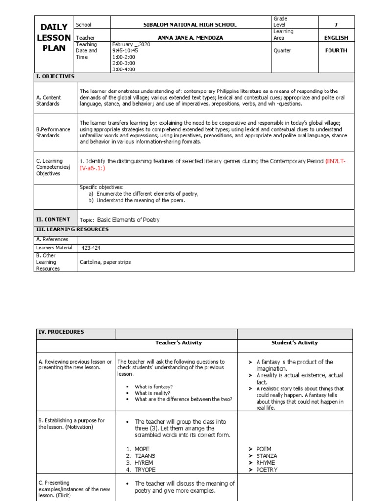 Daily Lesson Plan 7 | PDF | Metre (Poetry) | Poetry