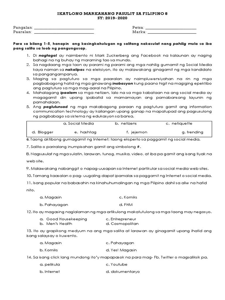 Filipino 8 3rd Quarter Examination | PDF
