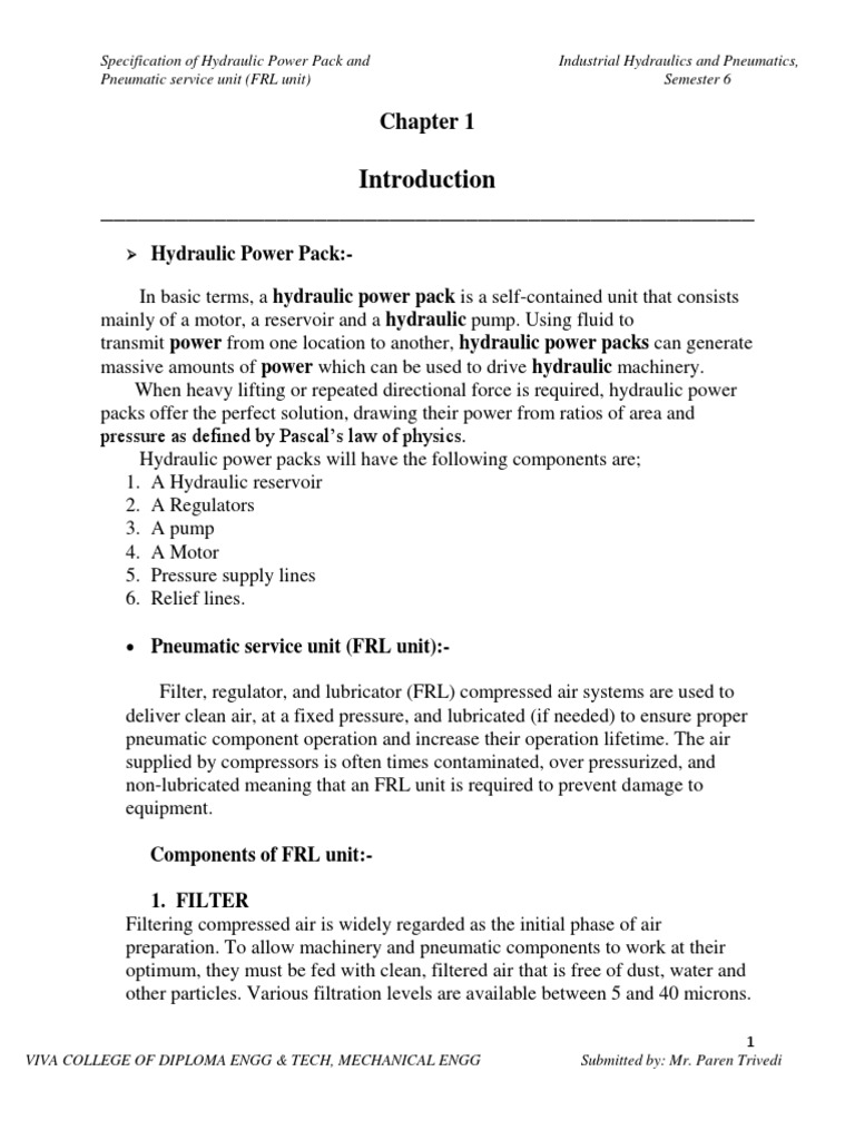 Specification of Hydraulic Power Pack and Pneumatic Service Unit (FRL ...