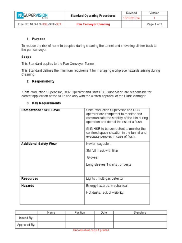 Pan Conveyor Cleaning SOP | PDF | Prevention | Safety