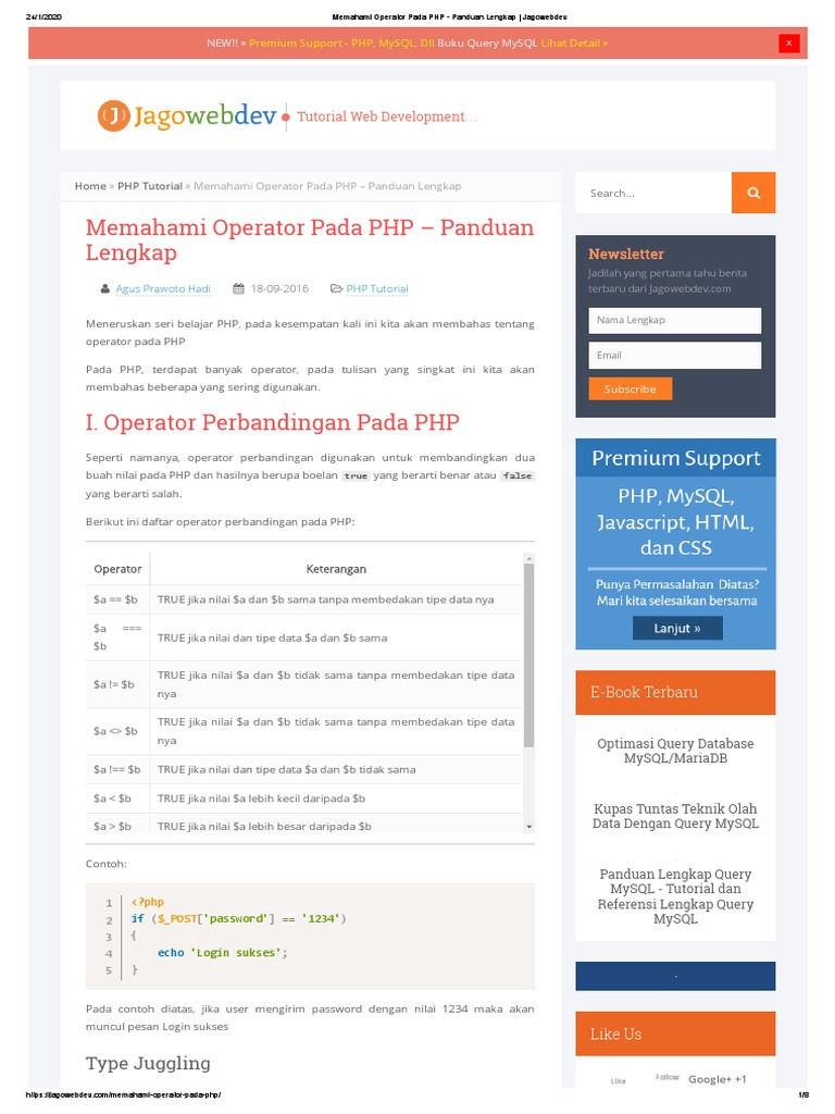 Memahami Operator Pada PHP - Panduan Lengkap - Jagowebdev | PDF