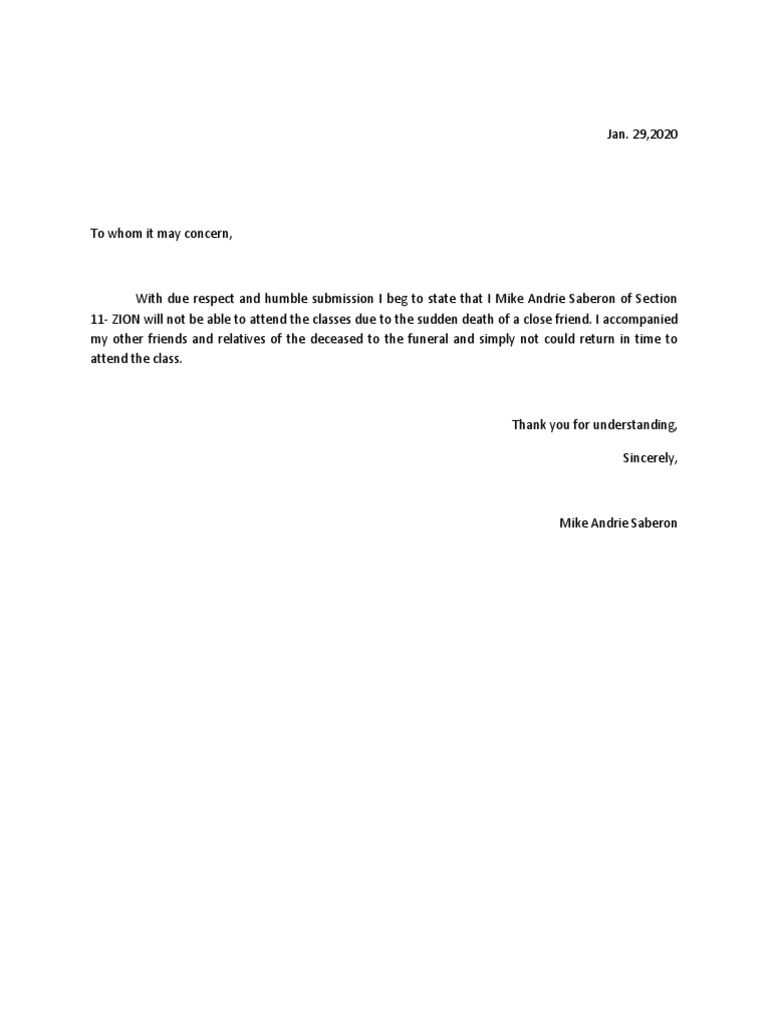 Excuse Letter | PDF | Death | Funeral