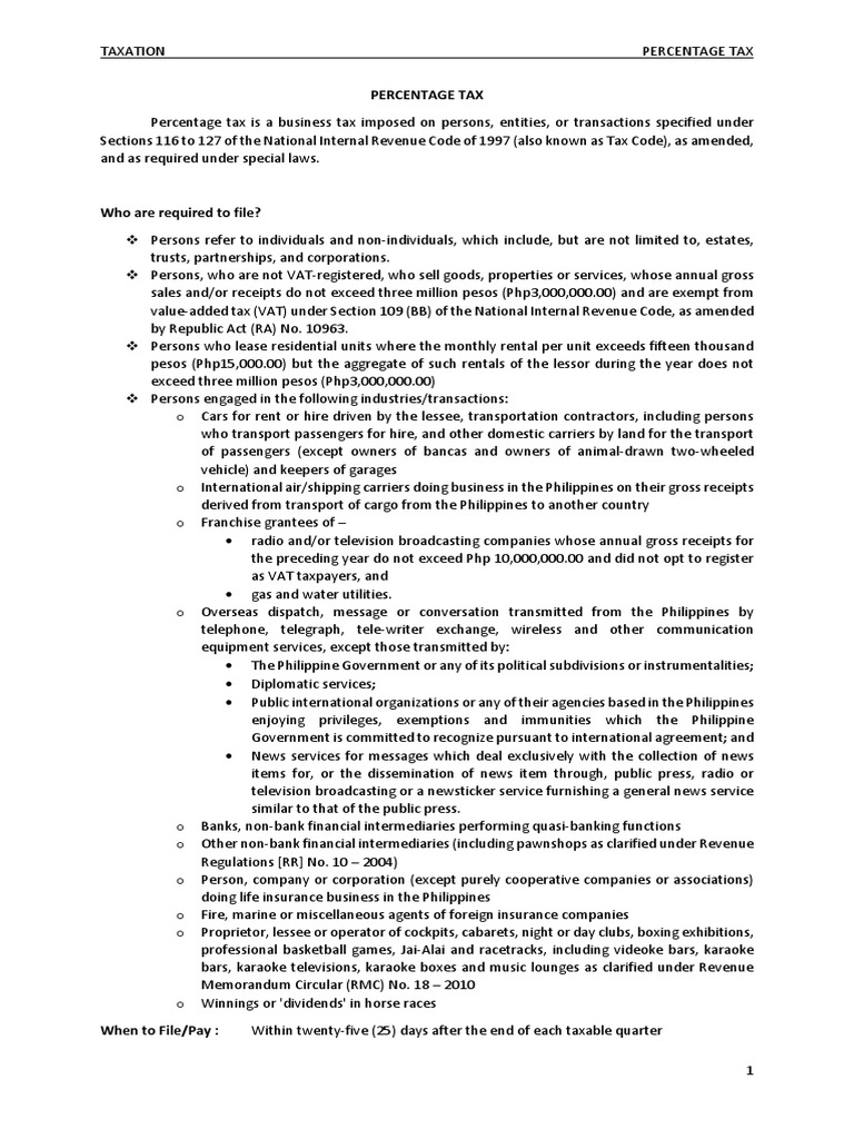 Taxation Reviewer - Percentage Tax | PDF | Taxation In The United ...