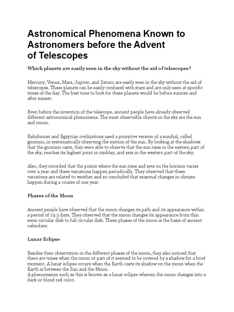 Astronomical Phenomena Known To Astronomers Before The Advent of | PDF ...