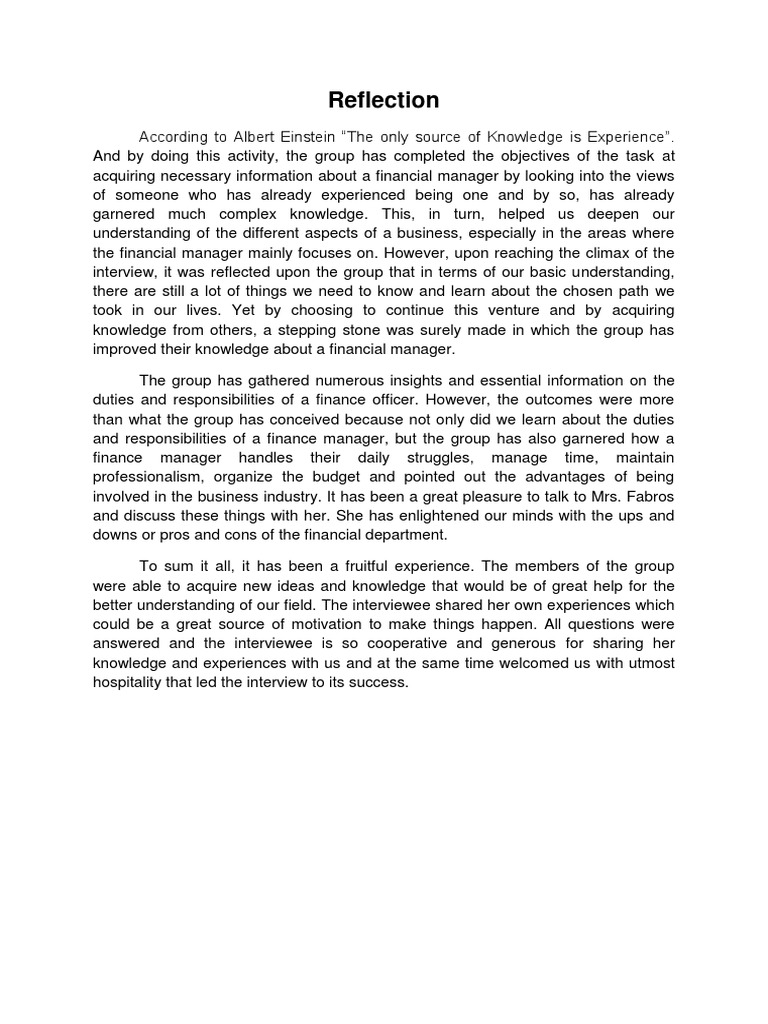 Finance Reflection | PDF | Understanding | Knowledge