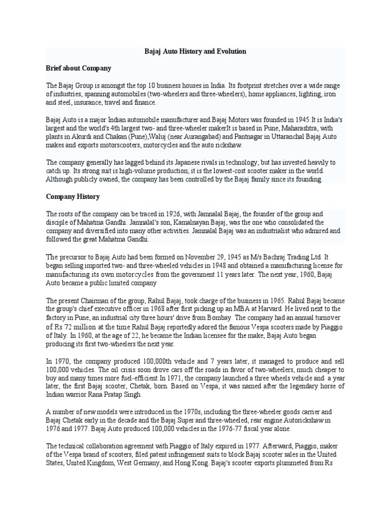 Bajaj Auto History and Evolution Brief About Company: The Nufacturing ...