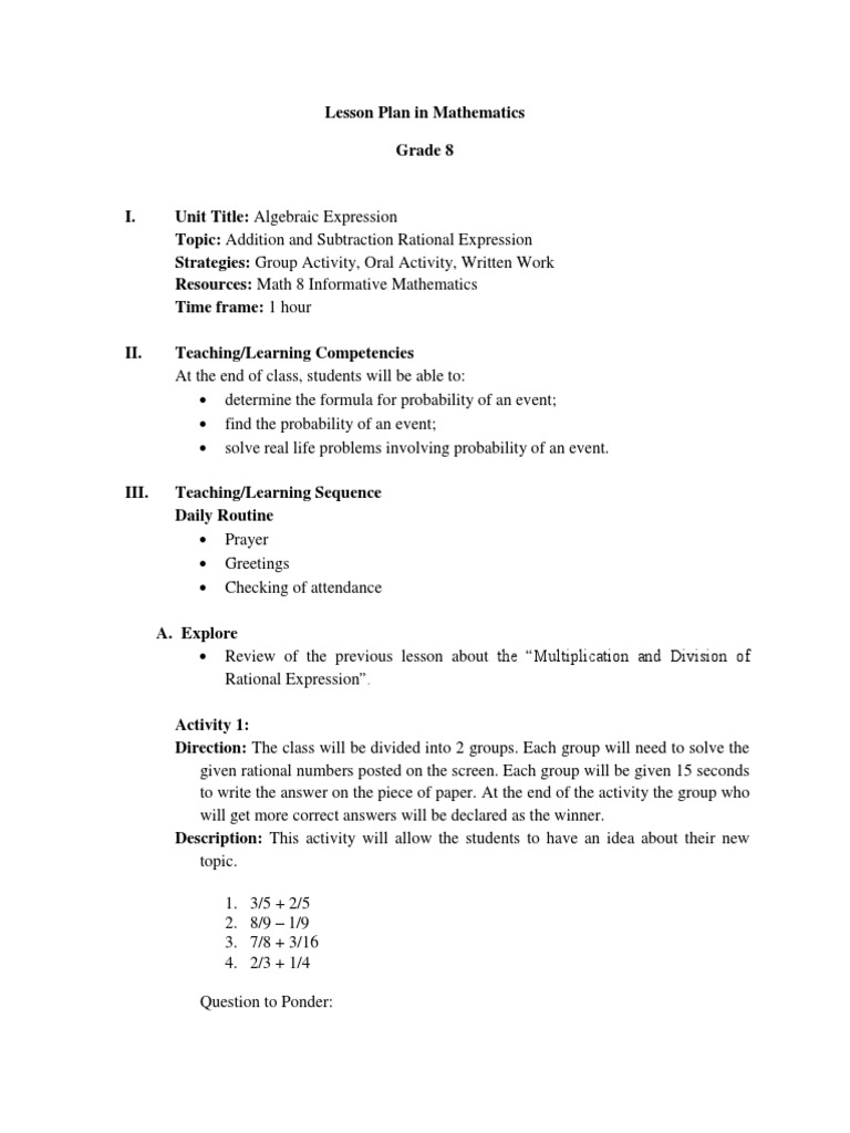 Lesson Plan in Mathematics | PDF | Fraction (Mathematics) | Rational Number