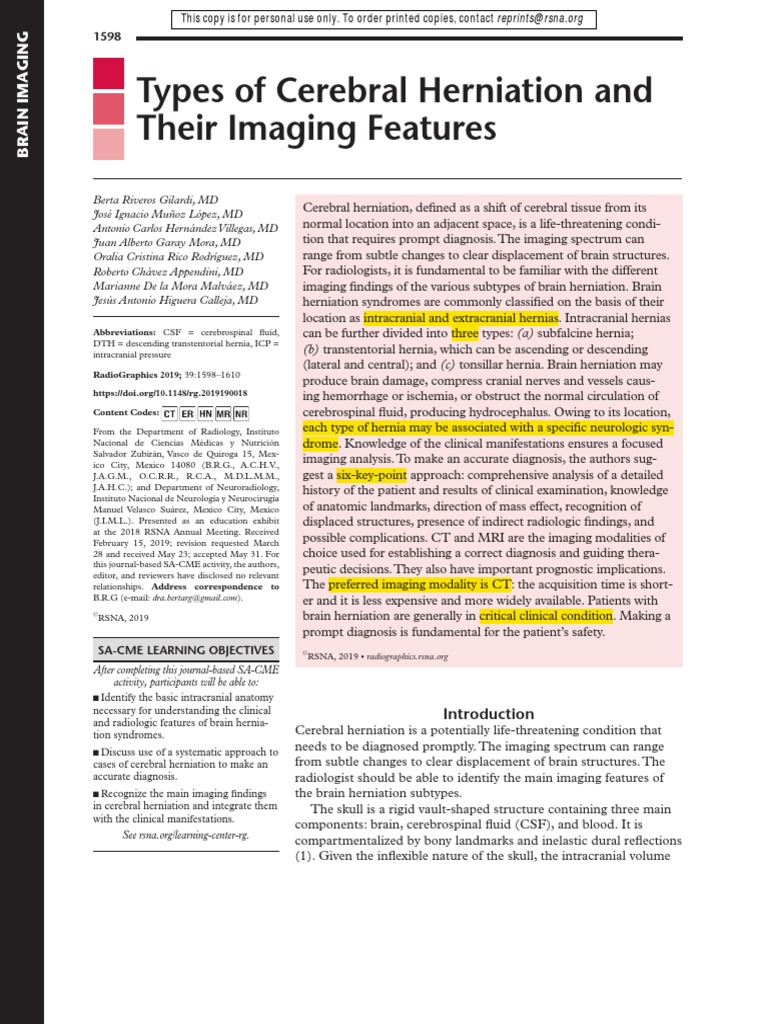 Types of Cerebral Herniation and Imaging | PDF | Cerebrospinal Fluid ...