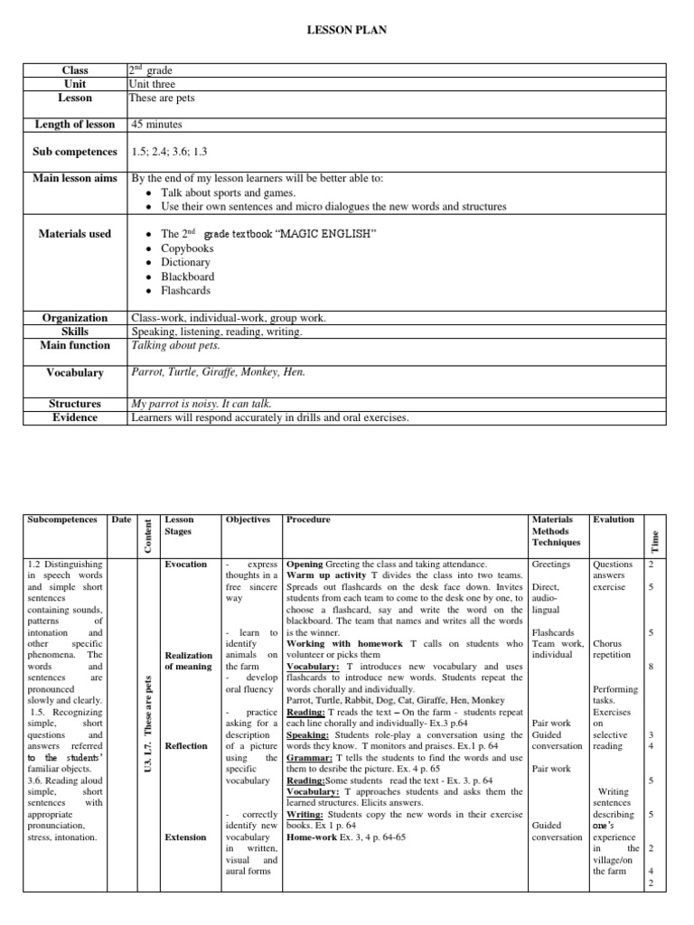 2nd Lesson Plan U3 L7 These Are Pets | PDF | Vocabulary | Lesson Plan