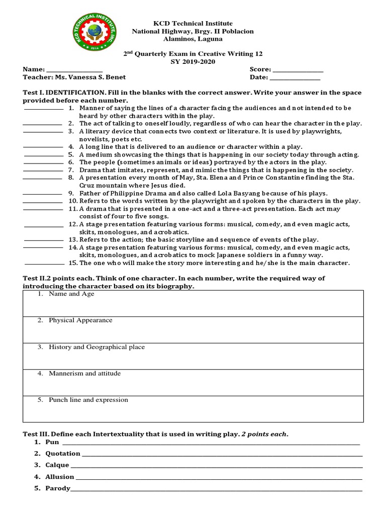 Creative Writing 12 2nd Quarterly Examination | PDF | Play (Theatre ...