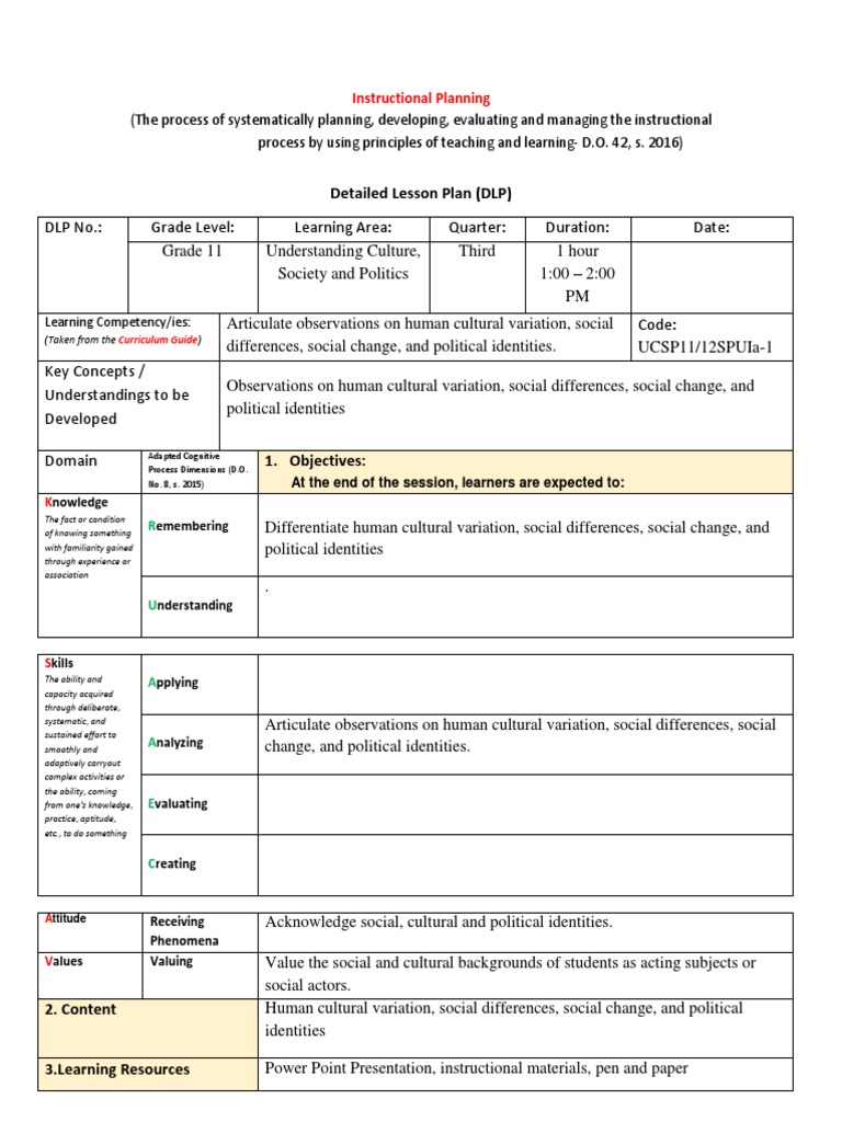 Grade 11 Lesson Plan: Culture & Society | PDF | Identity (Social ...