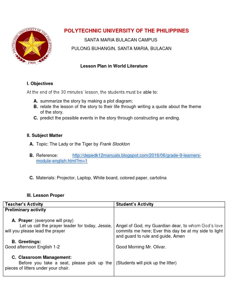 Lesson Plan: The Lady or the Tiger | PDF | Mystery, Thriller & Crime ...