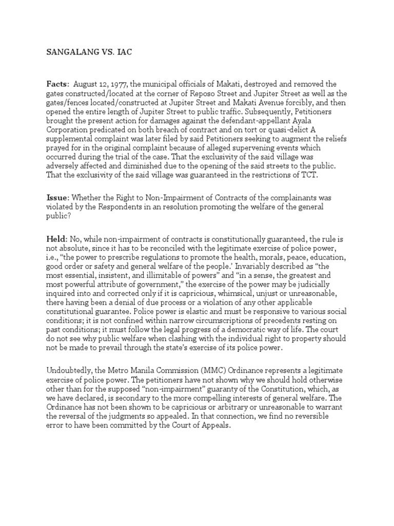 Sangalang vs. IAC: The Right to Non-Impairment of Contracts Must be ...