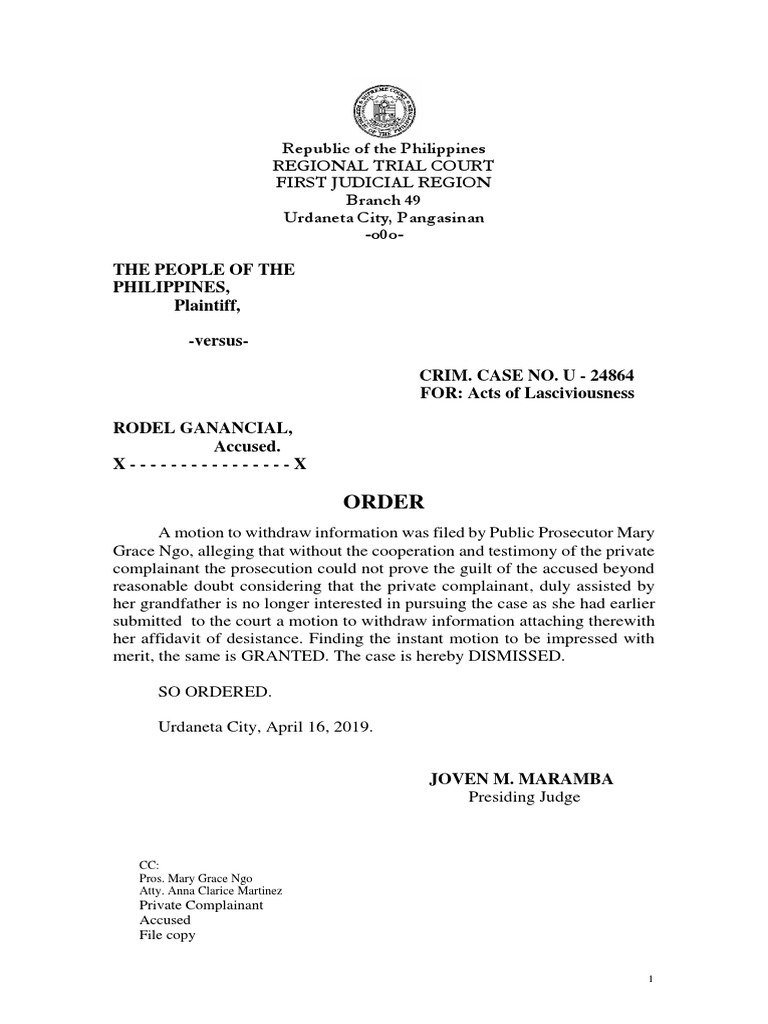 Dismissal Order | PDF | Prosecutor | Courts