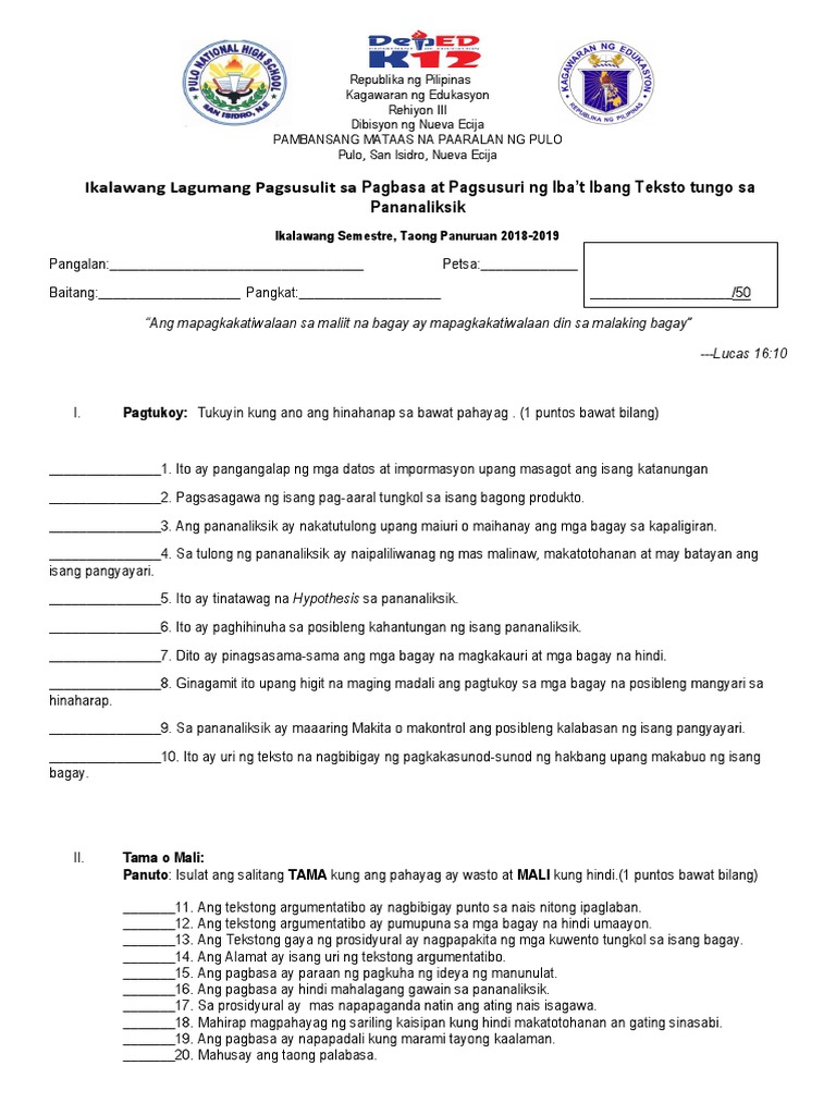 2nd Summative Test Pagbasa at Pagsusuri | PDF