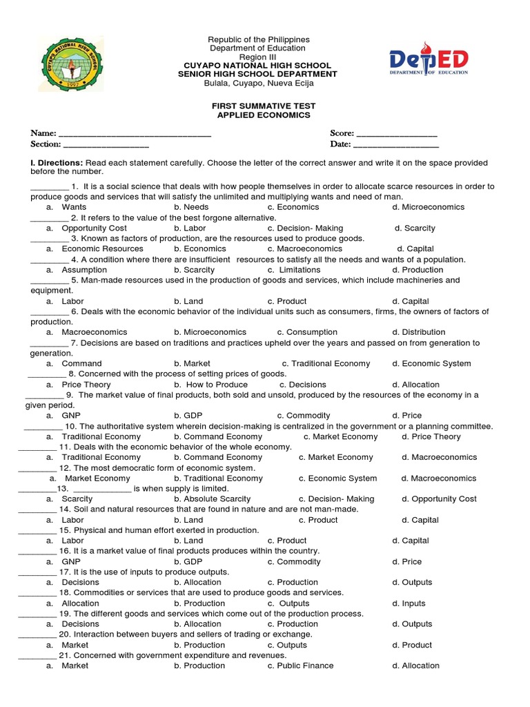 Applied Econ Summative Exam | PDF | Supply And Demand | Economics
