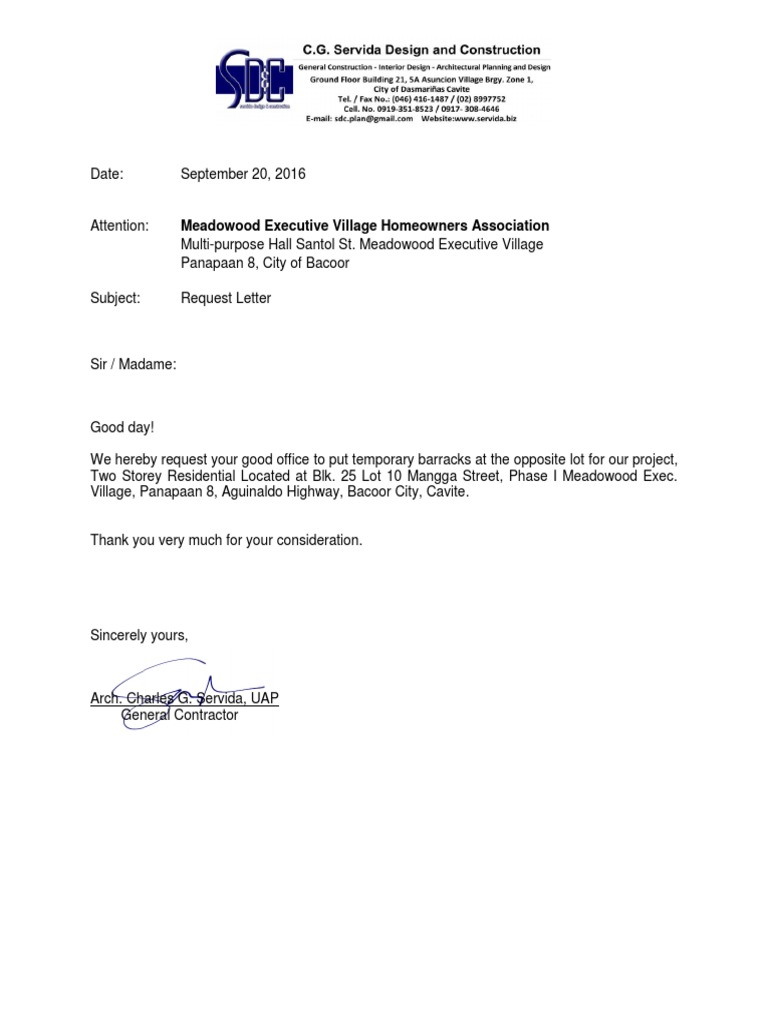 Request Letter For Temporary Barrack | PDF