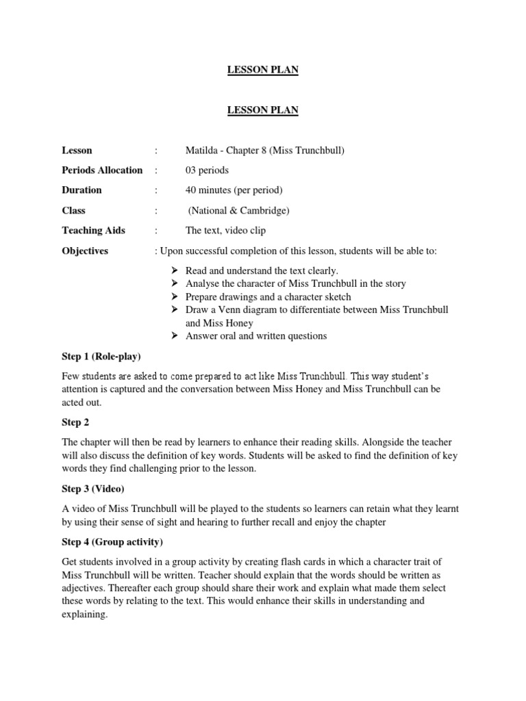 Lesson Plan of Matilda Chapter 8 | PDF | Lesson Plan | Pedagogy