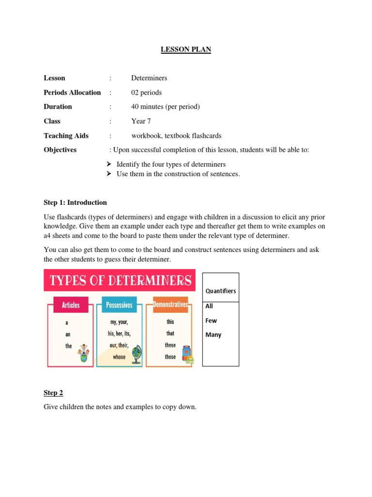 Lesson Plan On Determiners Year 7 | PDF | Noun | Language Families