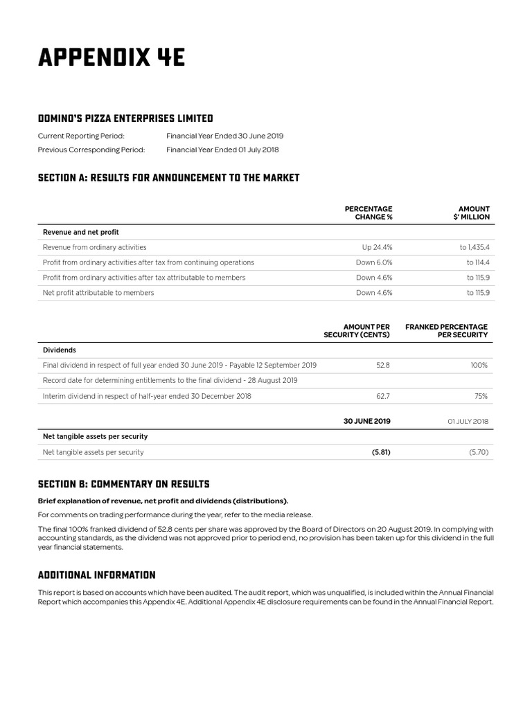 FY19 Appendix 4E Annual Report PDF | PDF | Domino's Pizza | Dividend