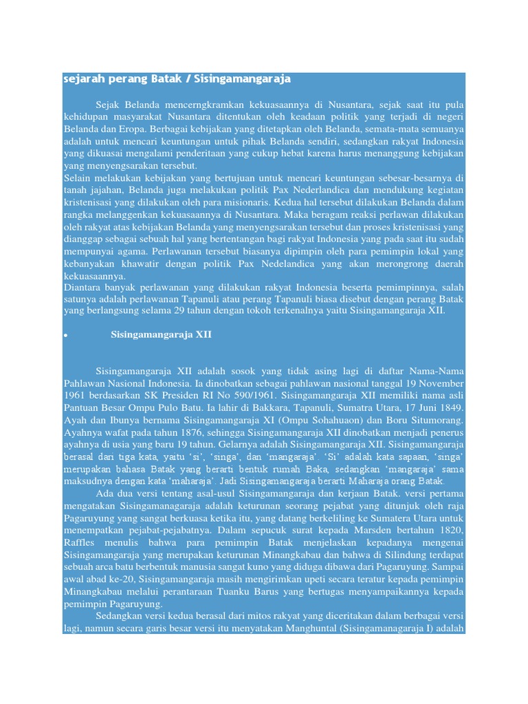 Sejarah Perang Batak Sisingamangaraja | PDF | Sejarah