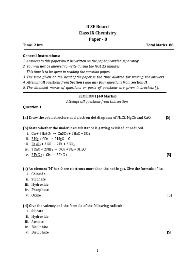 ICSE Class IX Chemistry Paper - 8 exam guide | PDF | Chemical Reactions ...