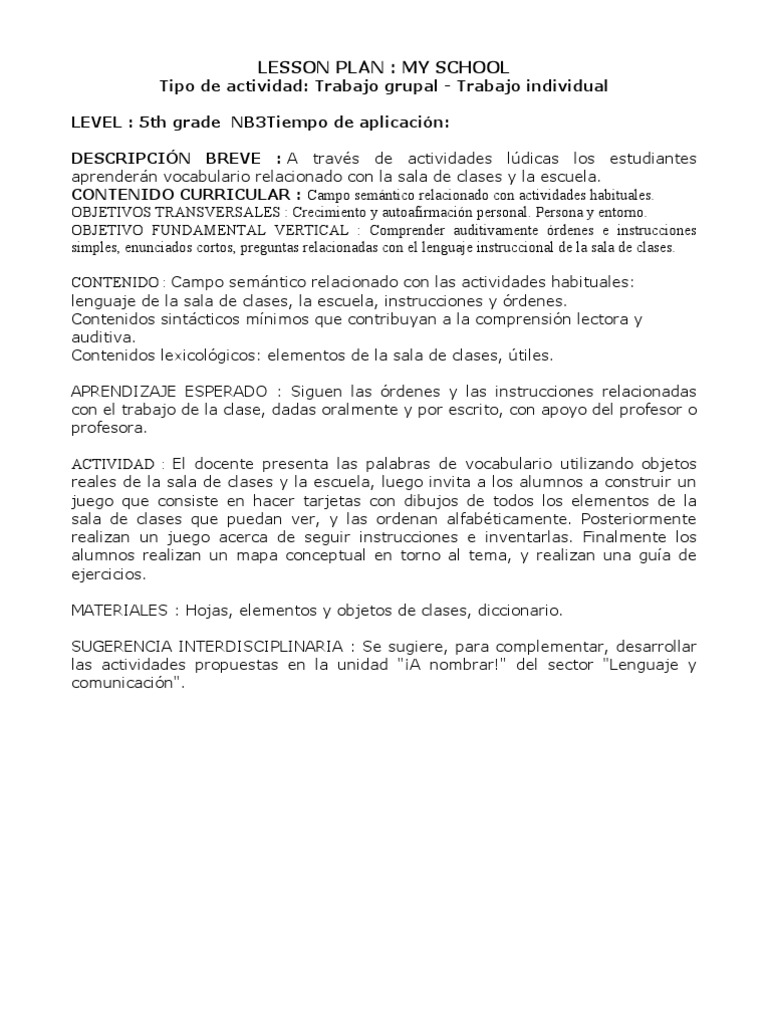 Lesson Plan My School Mi 31 Jul 07 | PDF | Semiótica | Aprendizaje