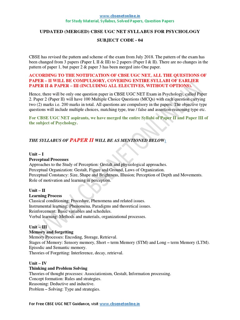 Updated CBSE UGC NET Syllabus For Psychology | PDF | Memory | Psychology