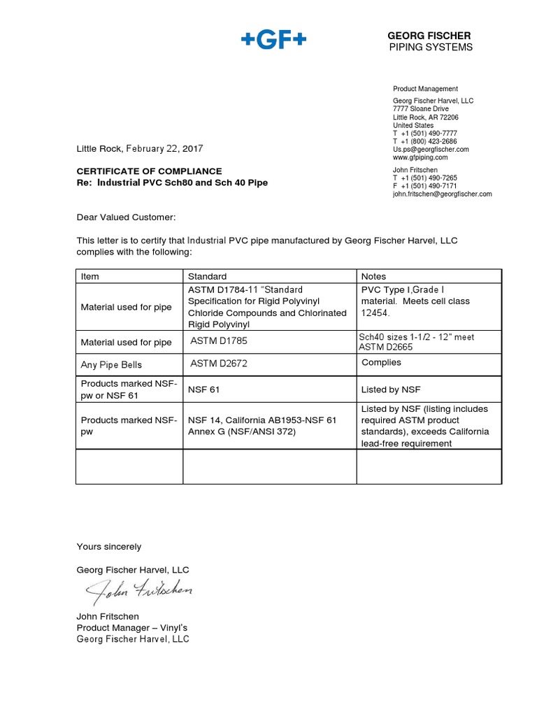 Georg Fischer PVC Pipe Compliance Certificate | PDF | Polyvinyl ...