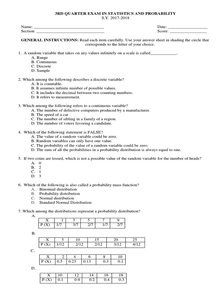 3RD Periodical Exam in Stat | PDF | Probability Distribution | Sampling ...