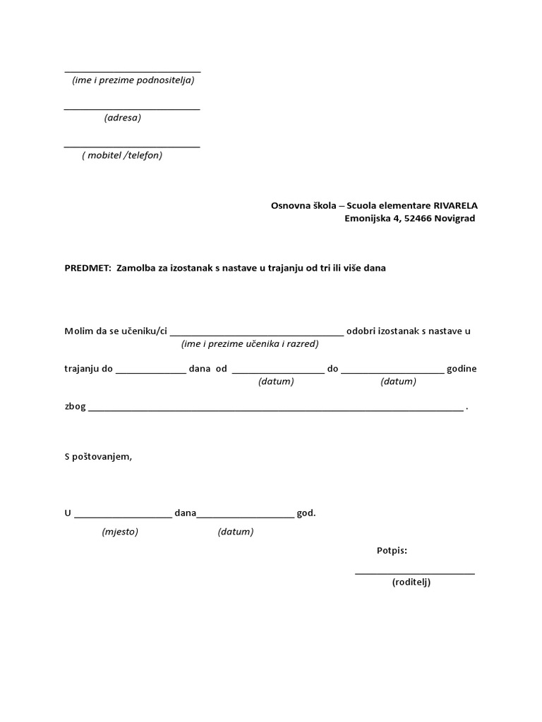 Obrazac Zamolbe Roditelja Za Izostanak Ucenika S Nastave - (5) | PDF
