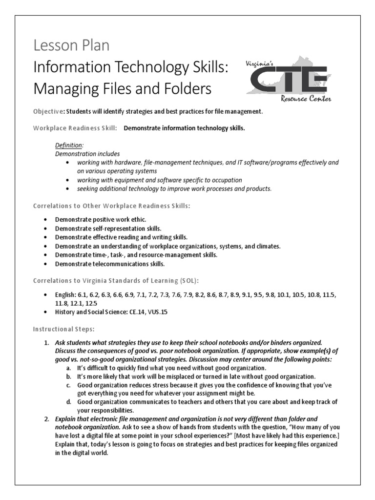 Managing Files Folders Pdf Employment Lesson Plan